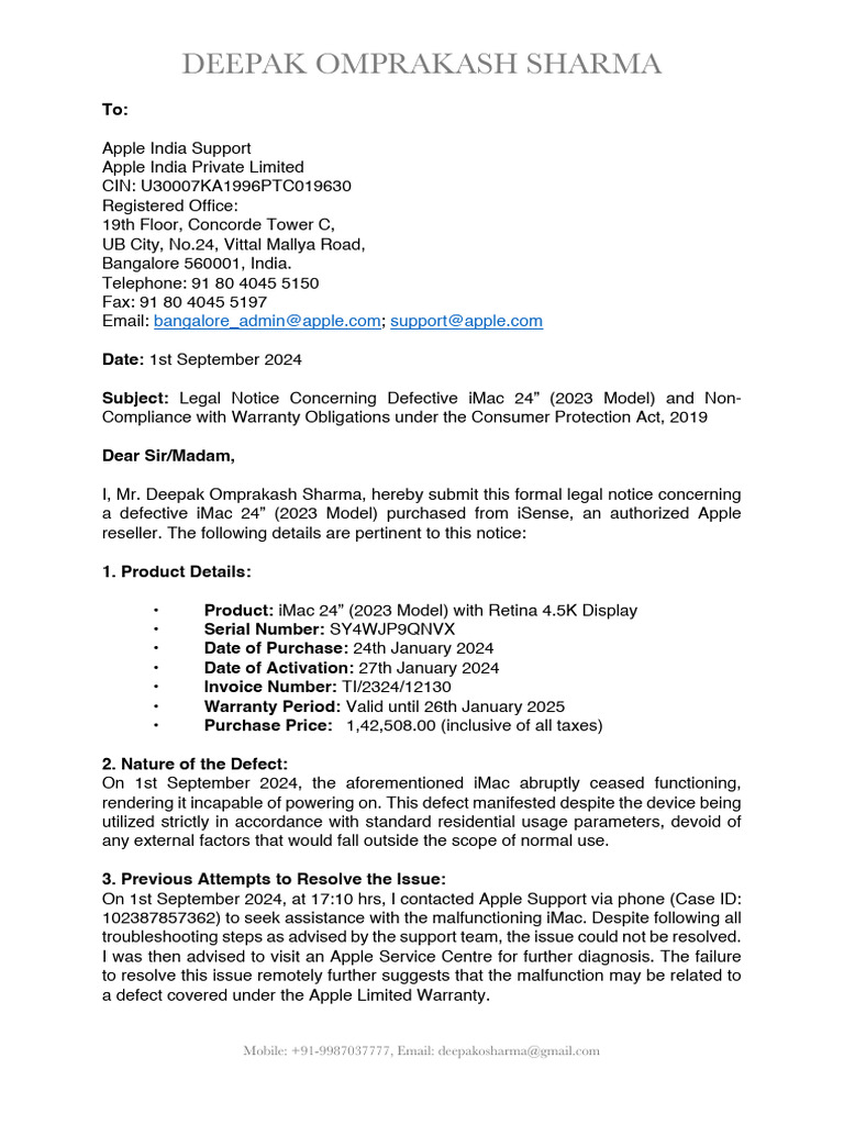 Legal Notice: Defective iMac Warranty Issue | PDF | Breach Of Contract ...