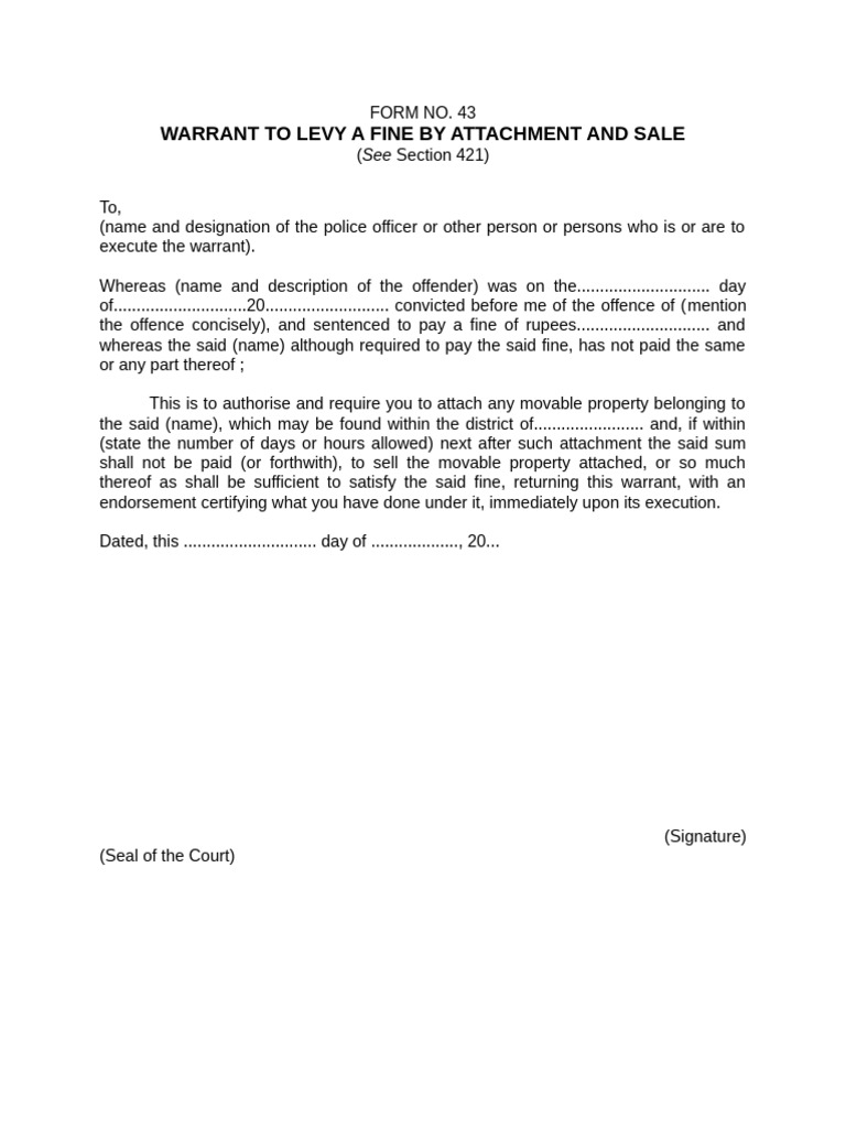 Warrant To Levy A Fine by Attachment and Sale | PDF