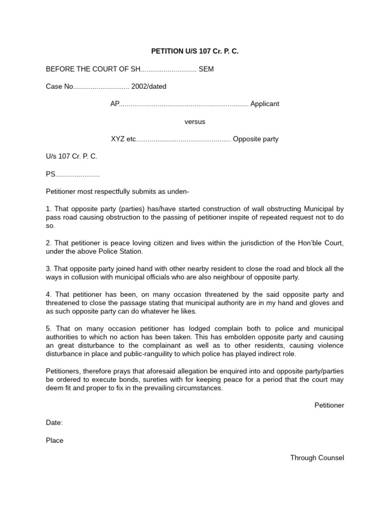 PETITION UNDER SECTION 107 Cr. P. C. | PDF