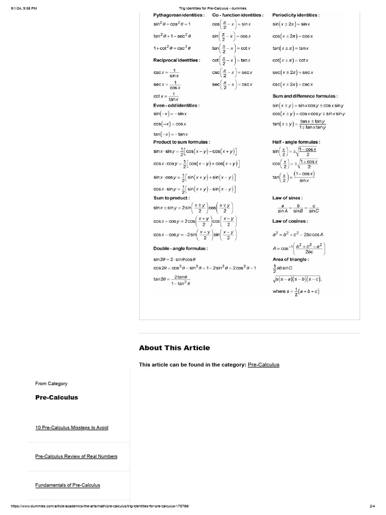 Trig Identities For Pre-Calculus - Dummies | PDF