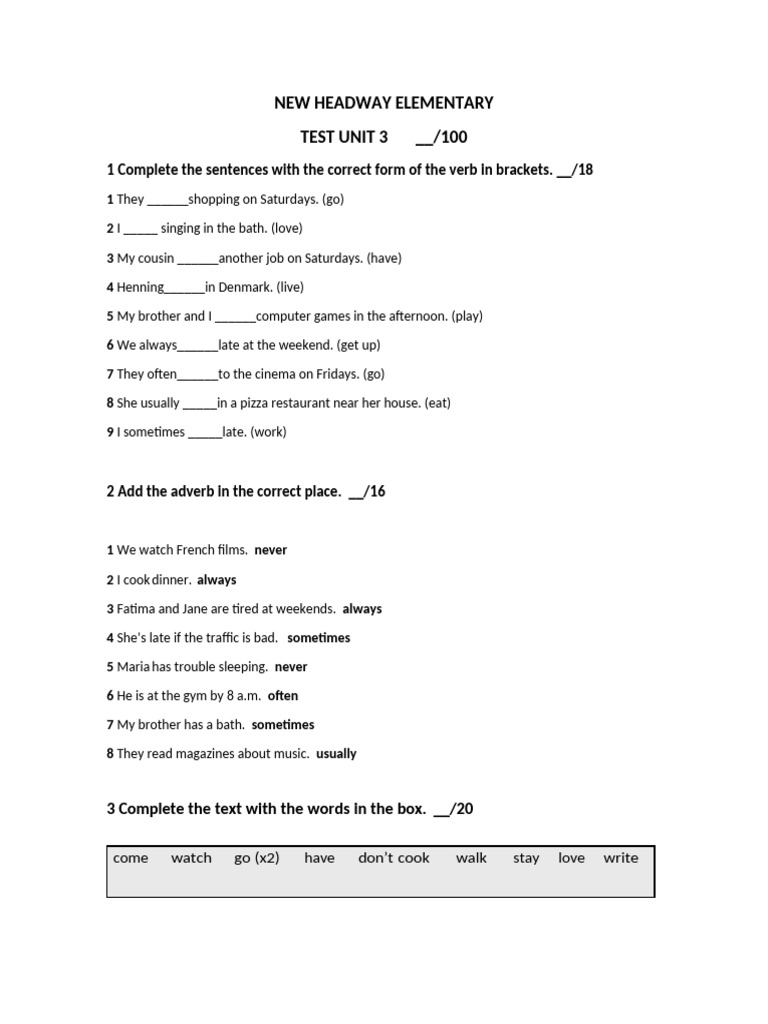New Headway Elementary Test U3 | PDF