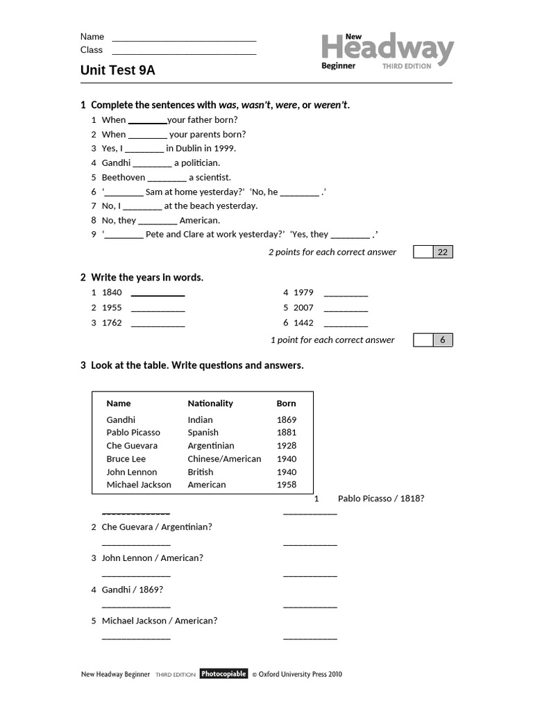 New Headway Beginner Test Unit 9 | PDF