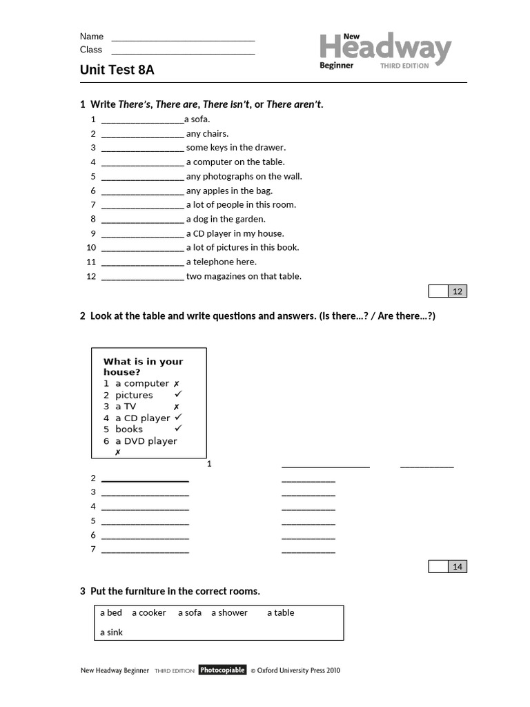 New Headway Beginner Test Unit 8 | PDF
