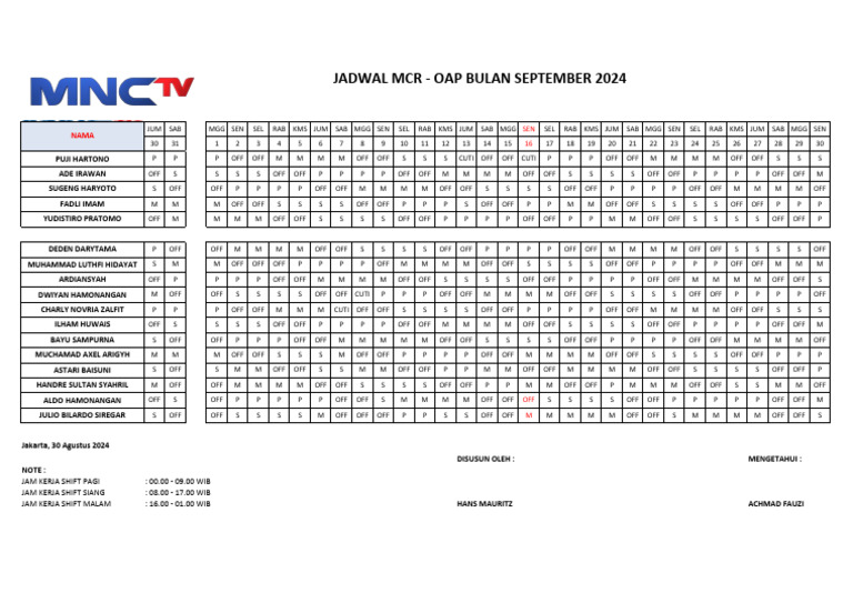 Jadwal MCR OAP Bulan September 2024 | PDF