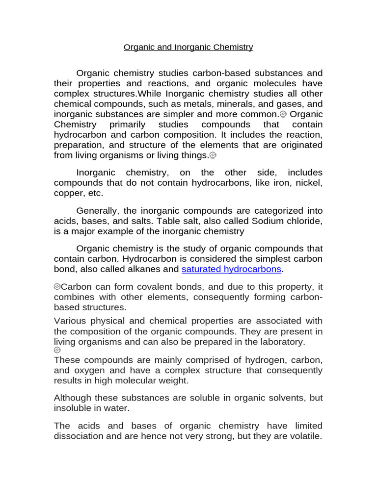 Organic vs Inorganic Chemistry Overview | PDF | Chemical Compounds ...
