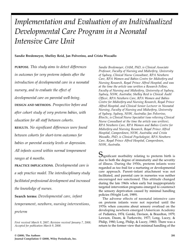 Implementation and Evaluation of An Individualized Developmental Care Program in A Neonatal ...