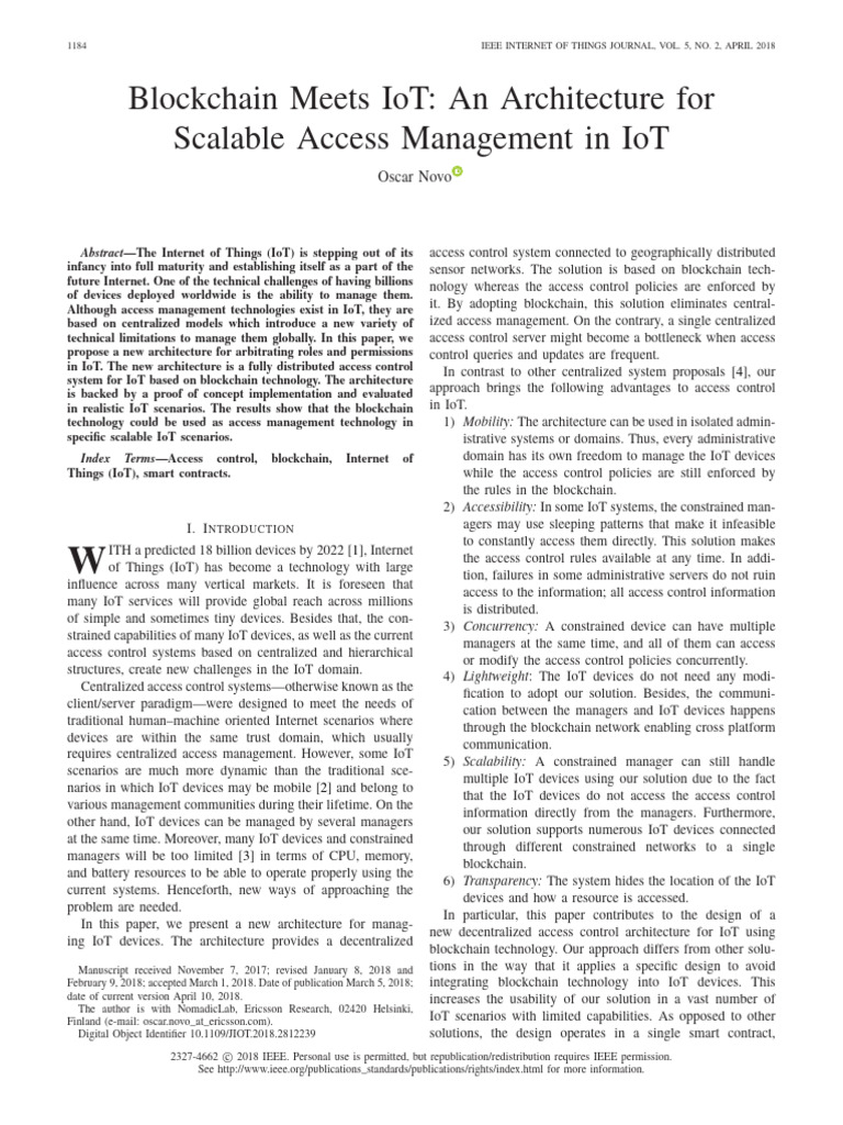 BLOCKCHAIN MEETS IoT ARCHITECTURE FOR SCALABLE ACCESS MANAGEMENT IN IoT | PDF