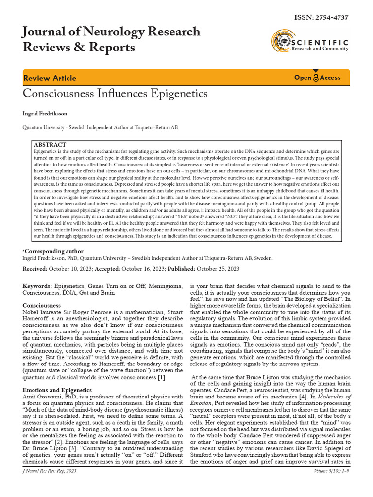 Consciousness Influences Epigenetics | PDF | Stress (Biology) | Epigenetics