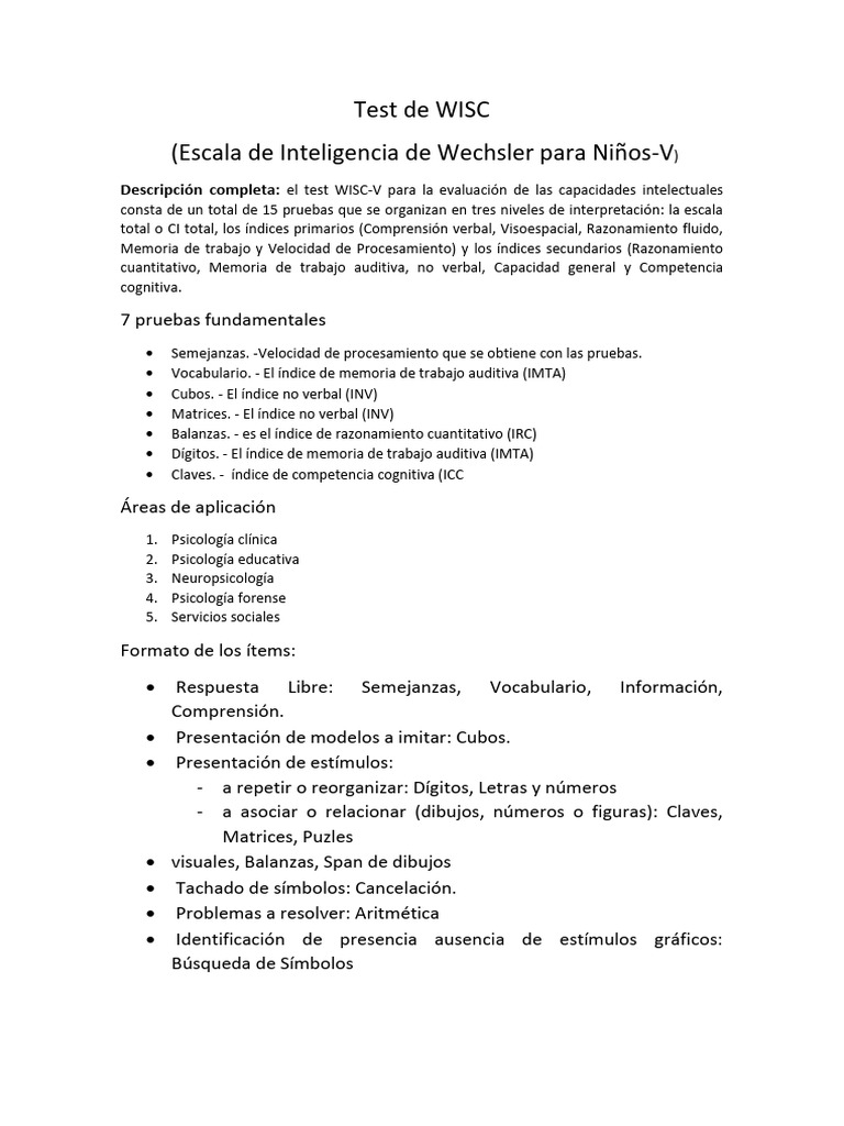 Test WISC-V: Evaluación Intelectual Infantil | PDF | Ciencias del ...