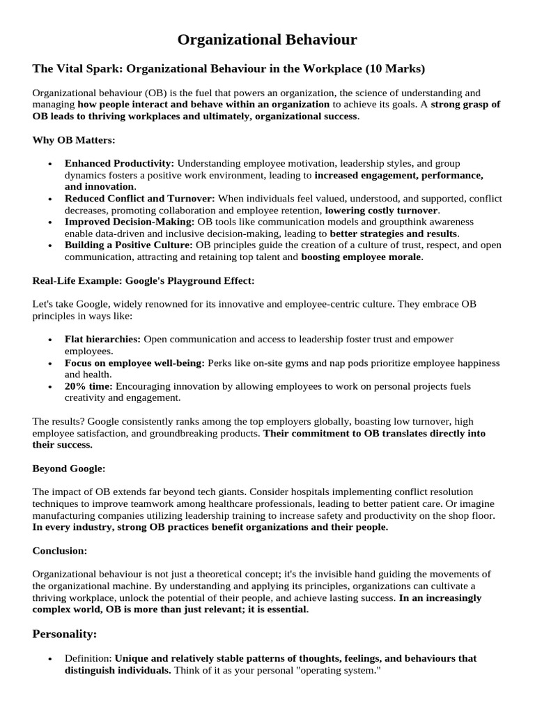 Organizational Behaviour - Notes | PDF