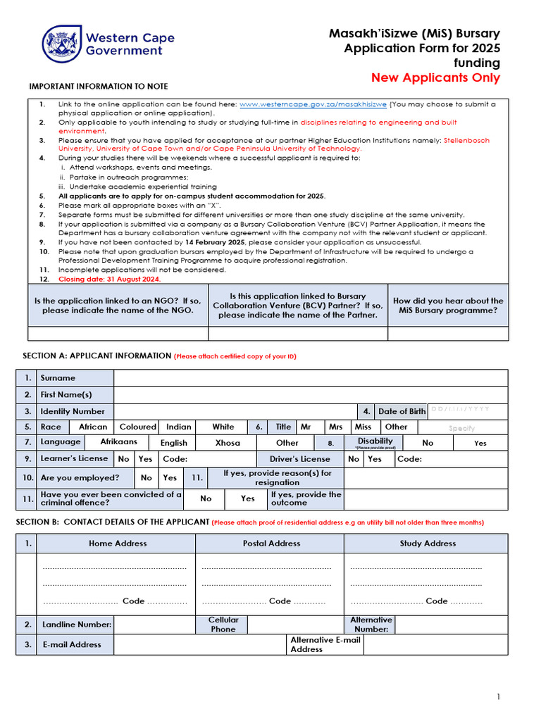 MasakhiSizwe Bursary Application Form 2025 | PDF