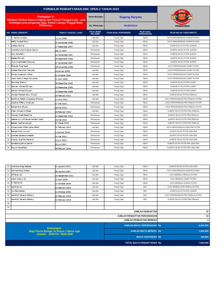 Form Pendaftaran DMC - Young Tiger | PDF