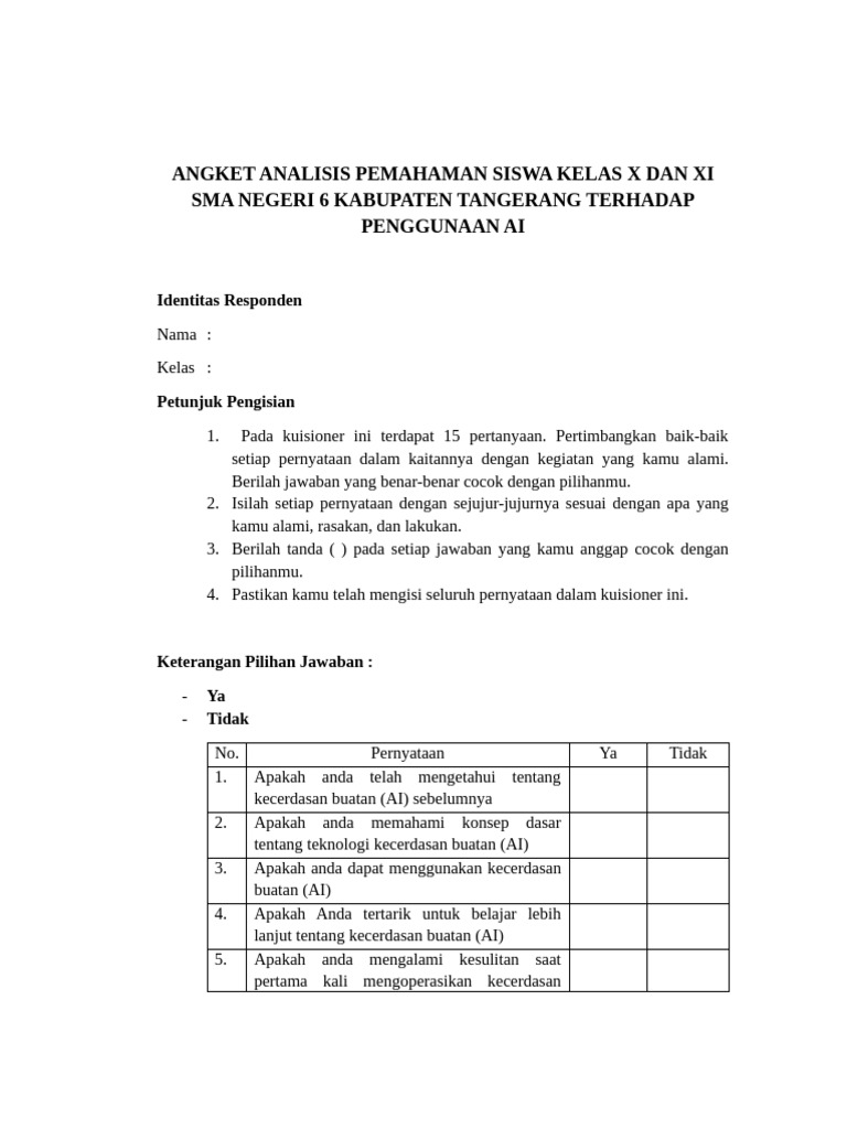 Angket Analisis Pemahaman Siswa Kelas X Dan Xi Sma Negeri 6 Kabupaten ...