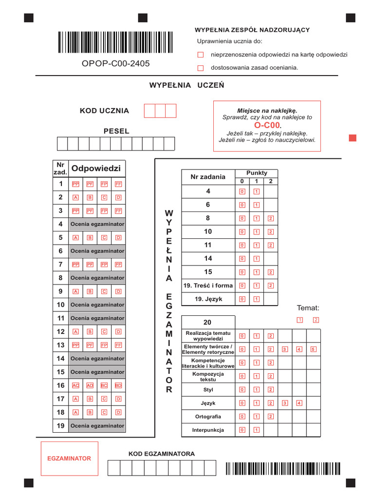 OPOP C00 X 2405 Karta Odpowiedzi | PDF