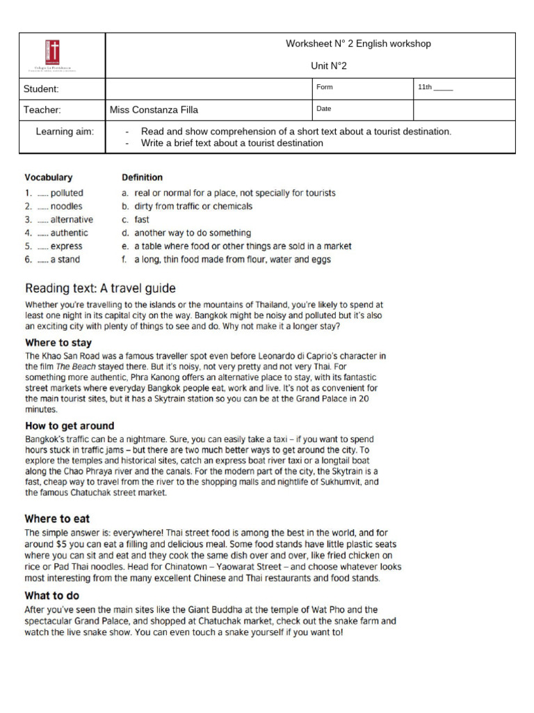 Reading Comprehension Touristic Destination | PDF
