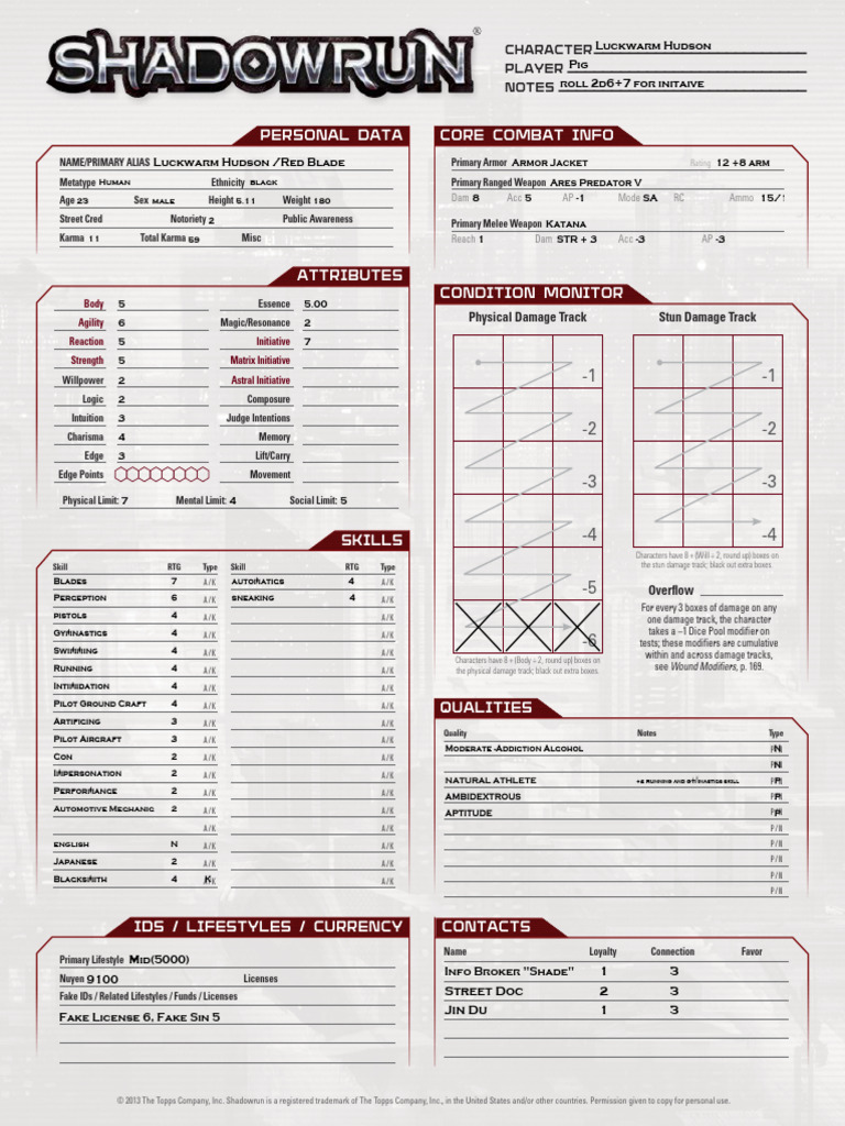 SR5 Character Sheet Form 20120717 | PDF