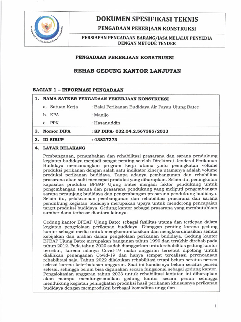 1.a. Dok Spek Tek Tender KAK Pekerjaan Konstruksi Rehab Gedung Kantor2 Rev Pokja 140623 | PDF