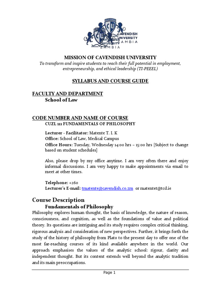 1.6 Cuzl 111 Fundamentals of Philosophy I Course Guide (Final Draft) . | PDF