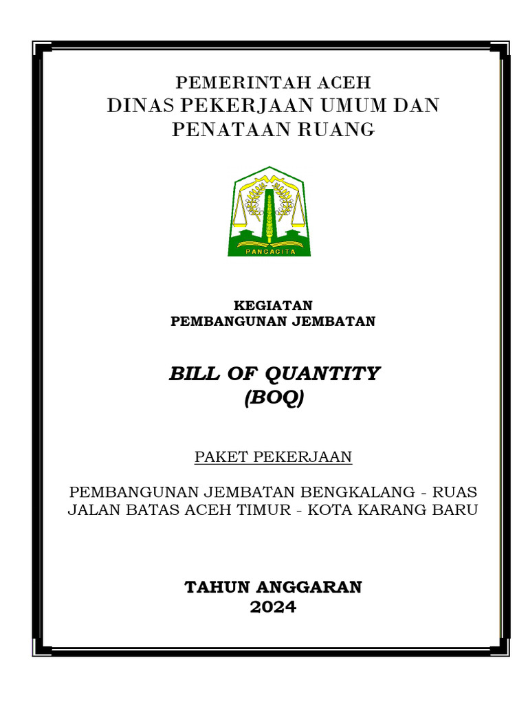 1.2. BOQ. Pembangunan Jembatan Bengkelang I Ruas Jalan Batas Aceh Timur Kota Karang Baru | PDF