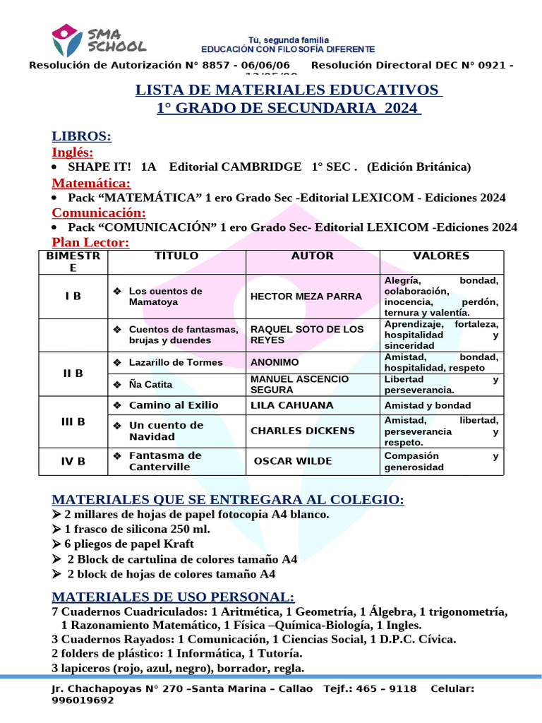 Lista de Útiles 1° Sec-2024 | PDF