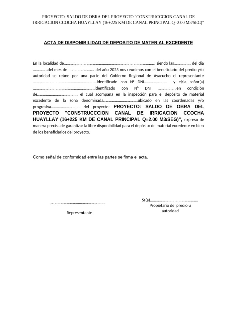 Acta de Deposito de Material Excedente | PDF