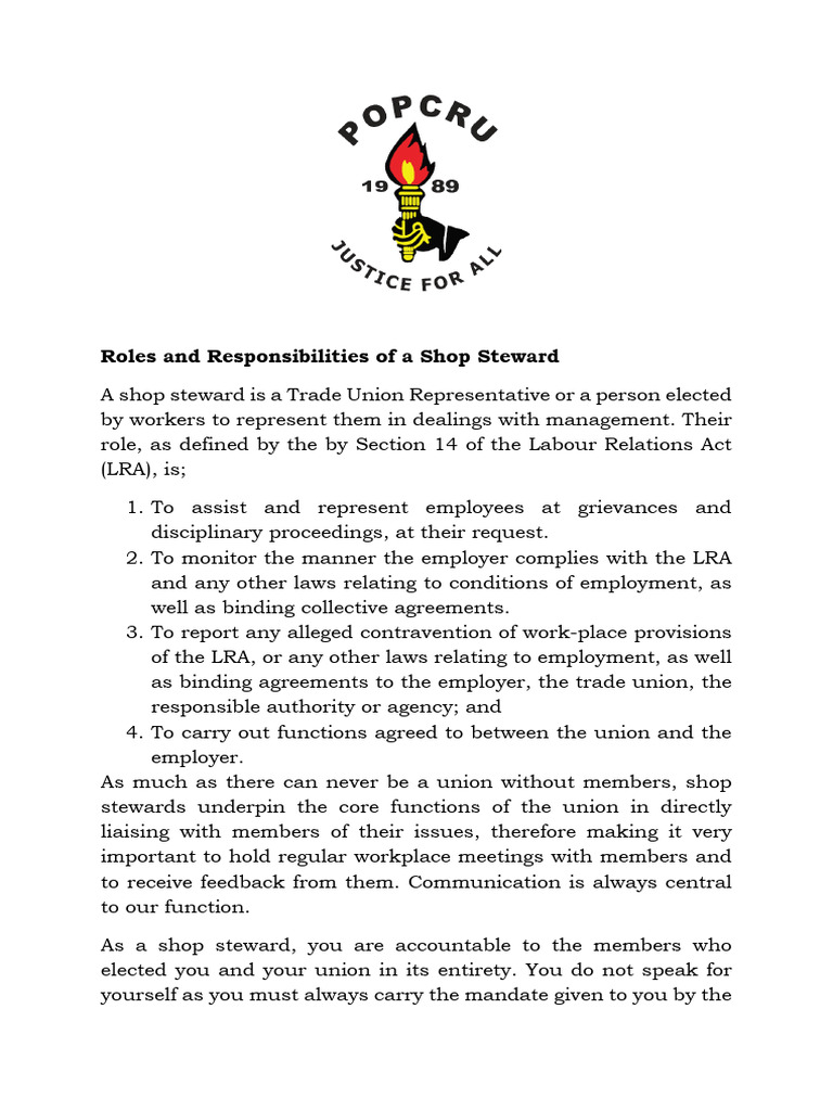 Roles and Responsibilities of A Shop Steward | PDF