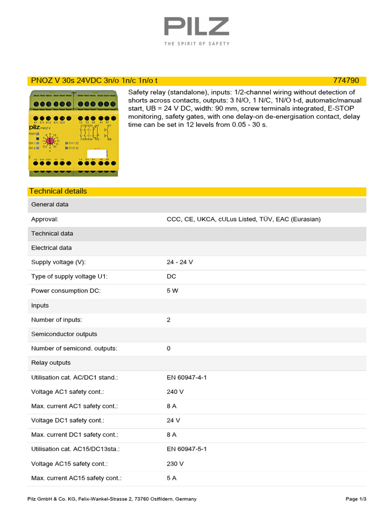 Pnoz V 30S 24Vdc 3N/O 1N/C 1N/O T 774790: Pilz GMBH & Co. KG, Felix ...