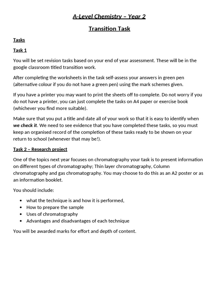 A2 Chemistry Transition Work 2023 | PDF