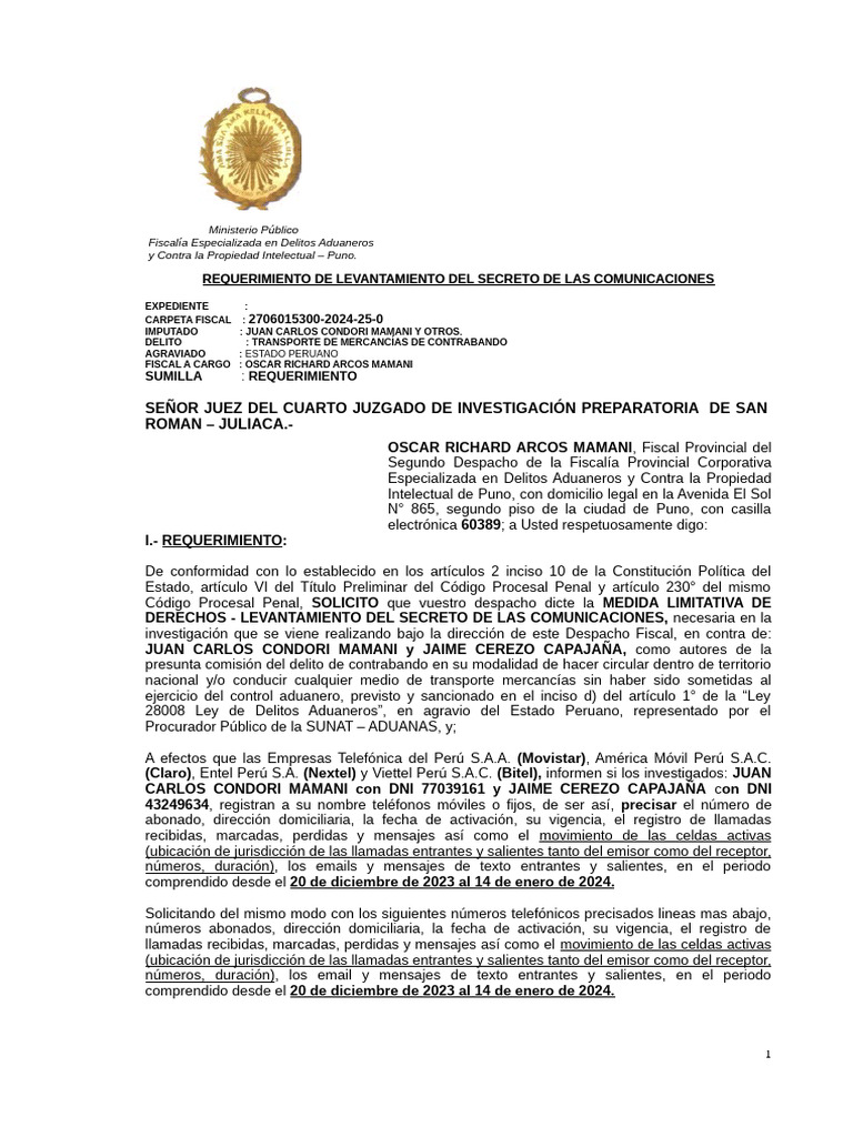 25-2024 Requerimiento de Levantamiento de Secreto de Comunicaciones | PDF