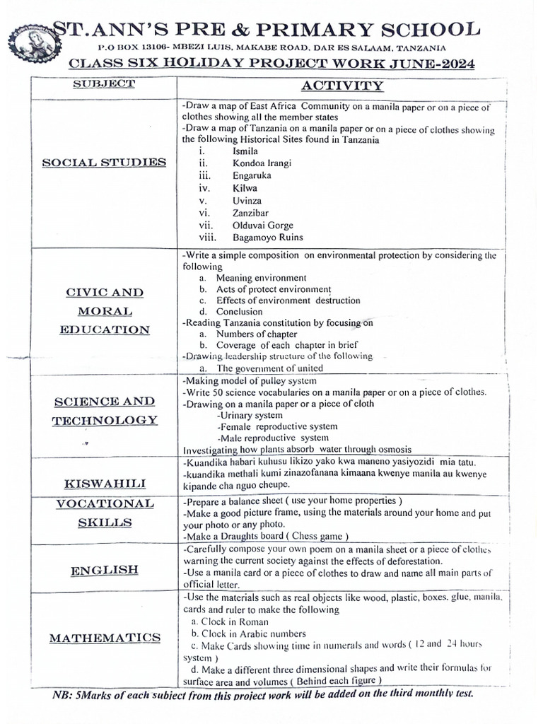 St. Ann's 2024 School Project Grade 6 | PDF
