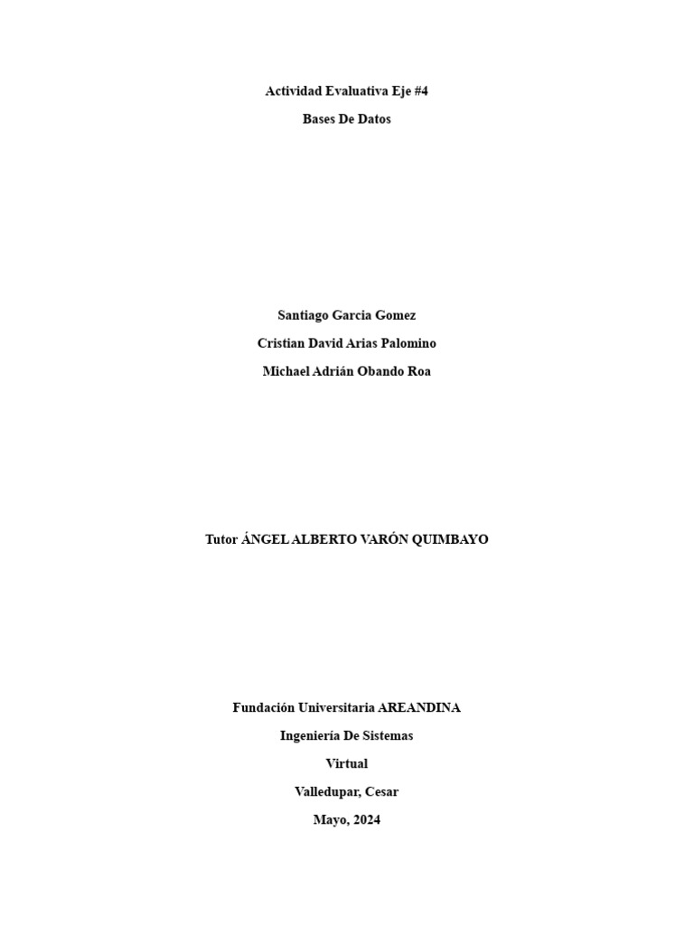 Actividad Evaluativa Eje #4 Bases de Datos | PDF Actividad Evaluativa Eje #4 Bases de Datos | PDF