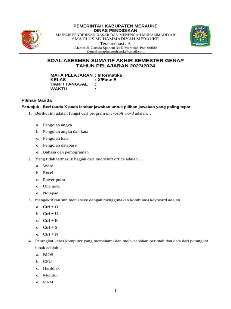 SOAL Informatika Kelas X Semester Genap | PDF