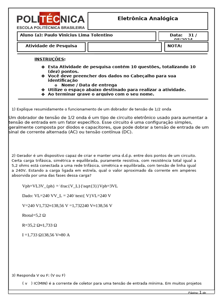 Atividade de Pesquisa - Eletrônica Analógica Paulo Lima | PDF
