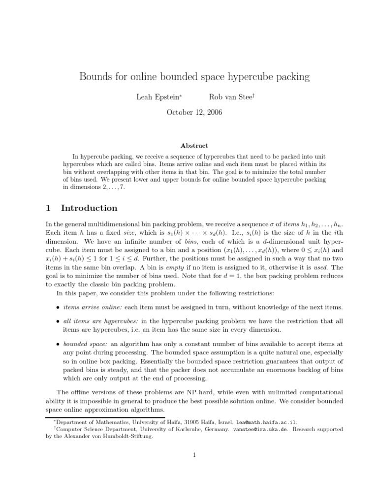 Leah Epstein and Rob Van Stee - Bounds For Online Bounded Space Hypercube Packing | PDF | Linear ...
