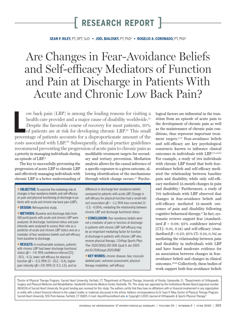 Are Changes in Fear-Avoidance Beliefs and Self-Efficacy Mediators of ...