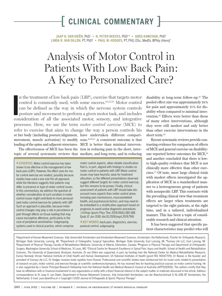 Analysis of Motor Control in Patients With Low Back Pain A Key To ...
