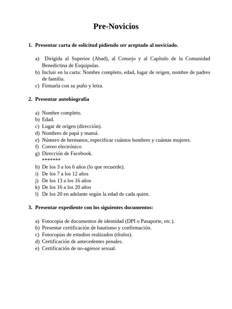 PRE-NOVICIOS. Requisitos en La Solicitud para Entrar Al Noviciado | PDF