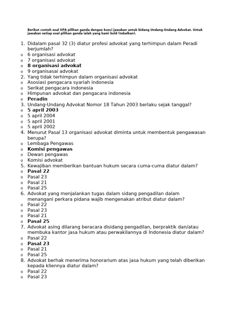 Berikut Contoh Soal UPA Pilihan Ganda Dengan Kunci Jawaban Untuk Bidang Undang | PDF | Hukum