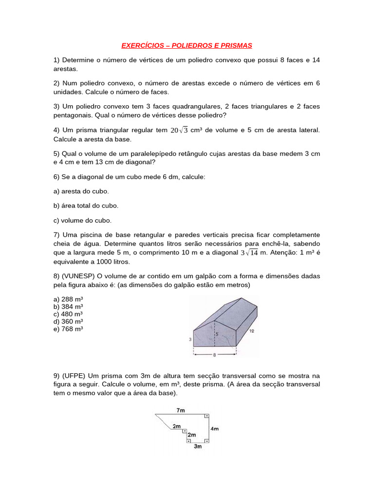 Exercícios 2 Série - Poliedros e Prismas | PDF