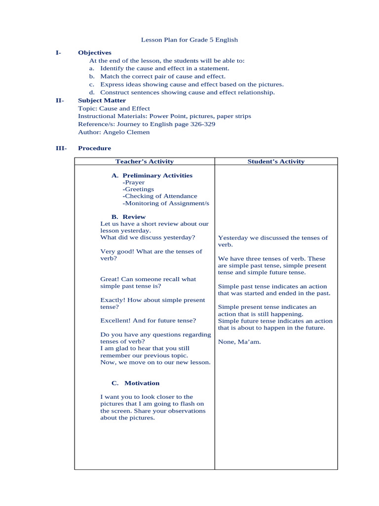 Cause and Effect Detailed Lesson Plan | PDF