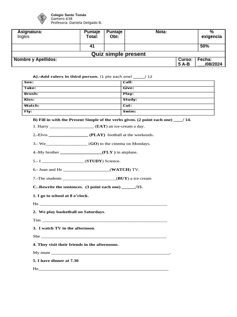 Prueba de Ingles 5 Basico | PDF