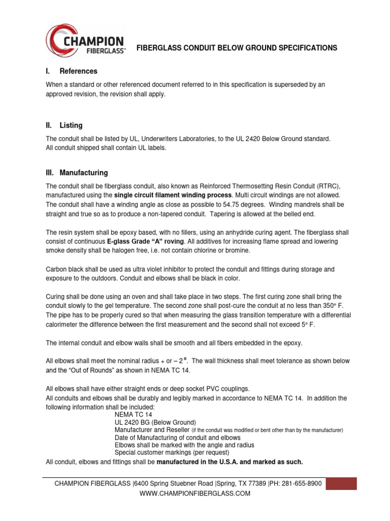 Champion Fiberglass Specifications For Fiberglass Conduit Conduit Below ...