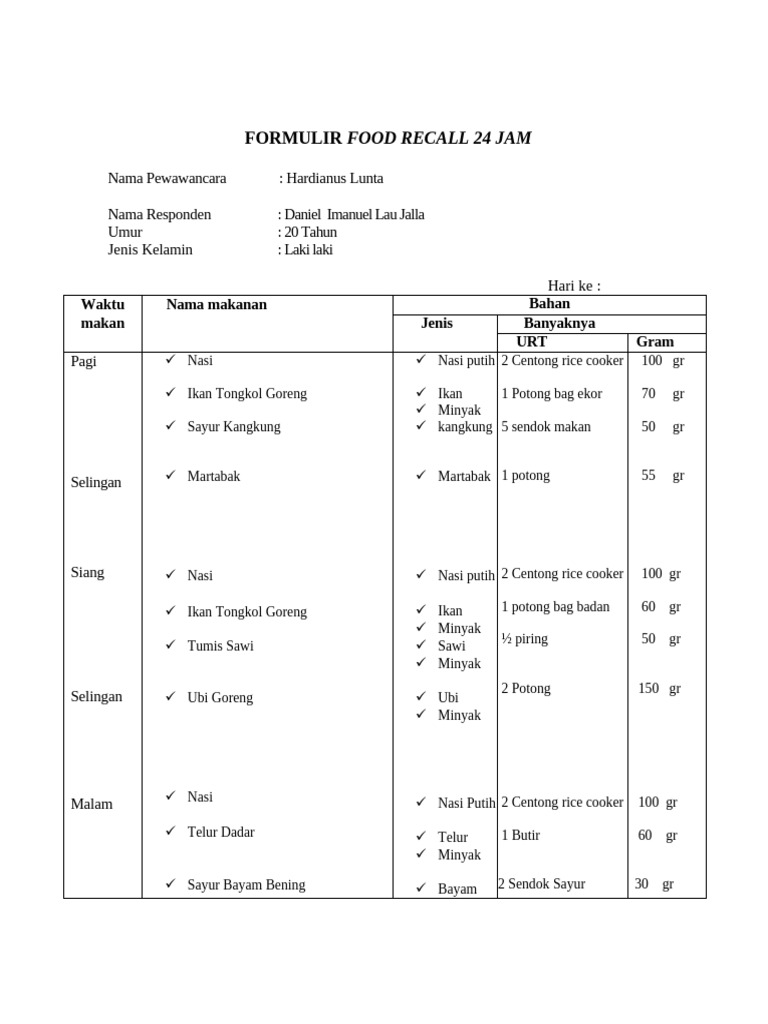 Formulir Food Recall 24 Jam | PDF