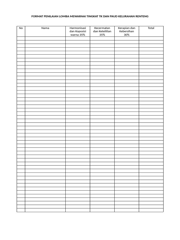 Format Penilaian Lomba Mewarnai Tingkat TK Dan Paud Kelurahan Renteng | PDF Format Penilaian Lomba Mewarnai Tingkat TK Dan Paud Kelurahan Renteng | PDF