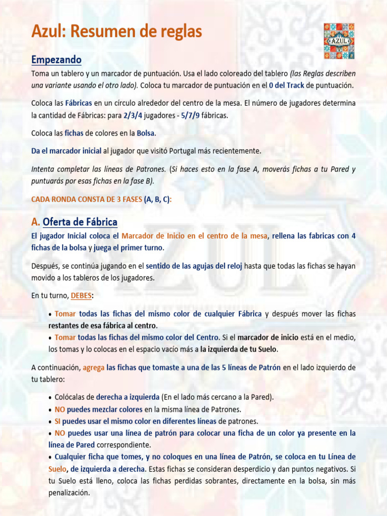 Reglas Azul Resumen | PDF