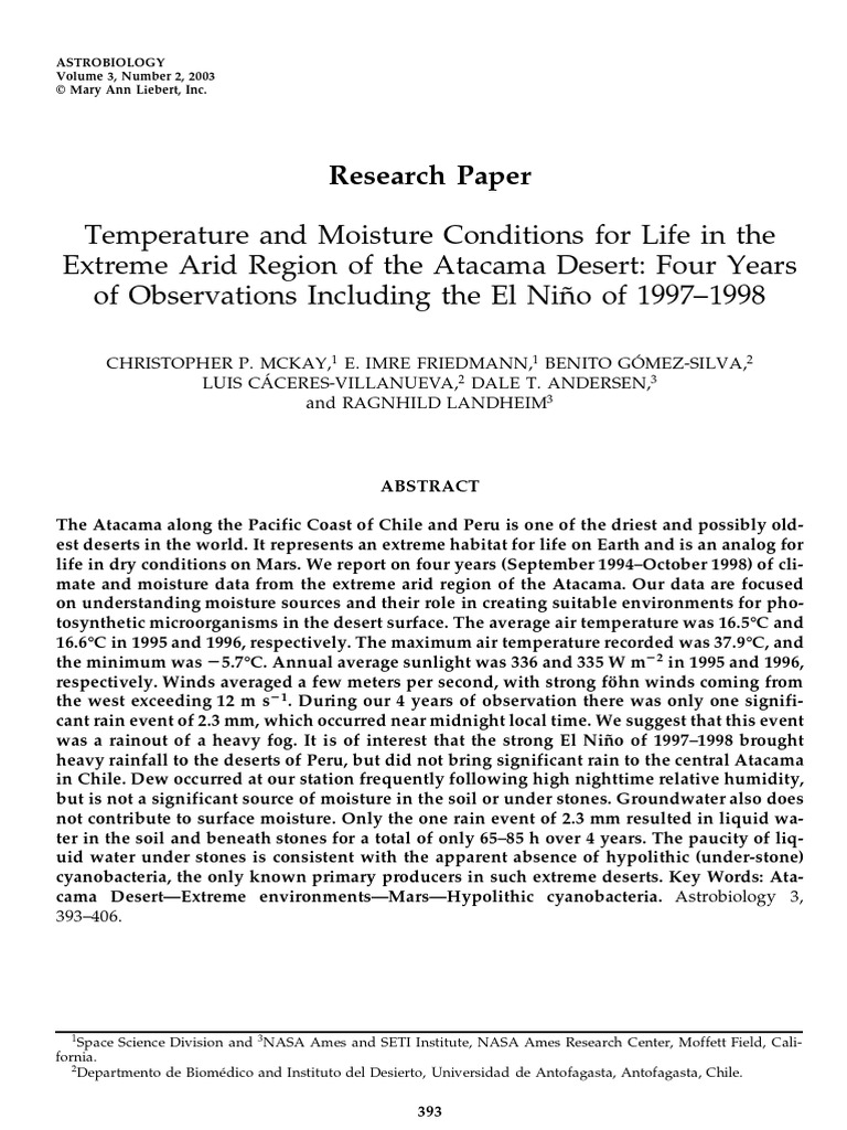 2003 McKay Et Al. ATACAMA DESERT AND YUNGAY | PDF
