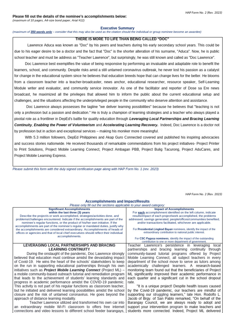 Accomplishment Form and Certification | PDF