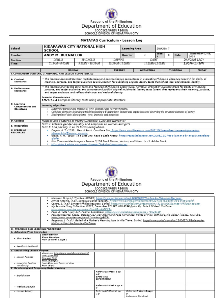 MATATAG Lesson Log ENGLISH 7 - WEEK 6 | PDF