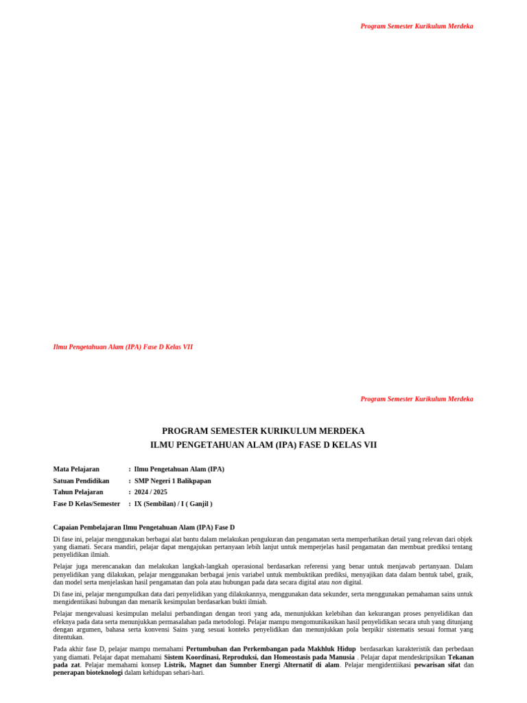 Prosem 1 Ipa Fase D Kelas Ix | PDF