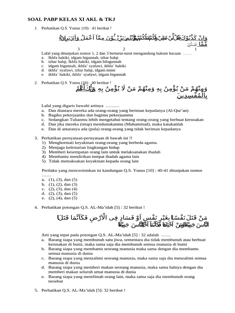 SOAL PAT PAI KELAS XI Akl TKJ 2023 2024 | PDF